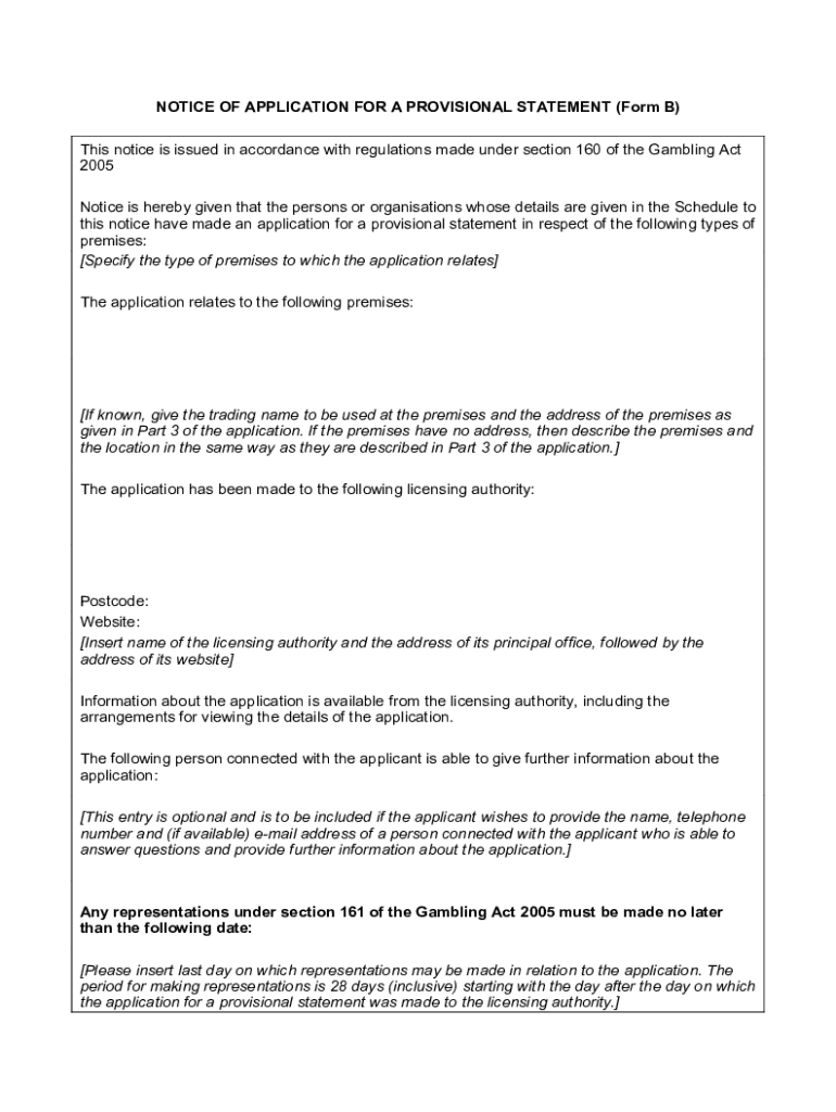 Fillable Online Notice of application for a provisional statement for ...
