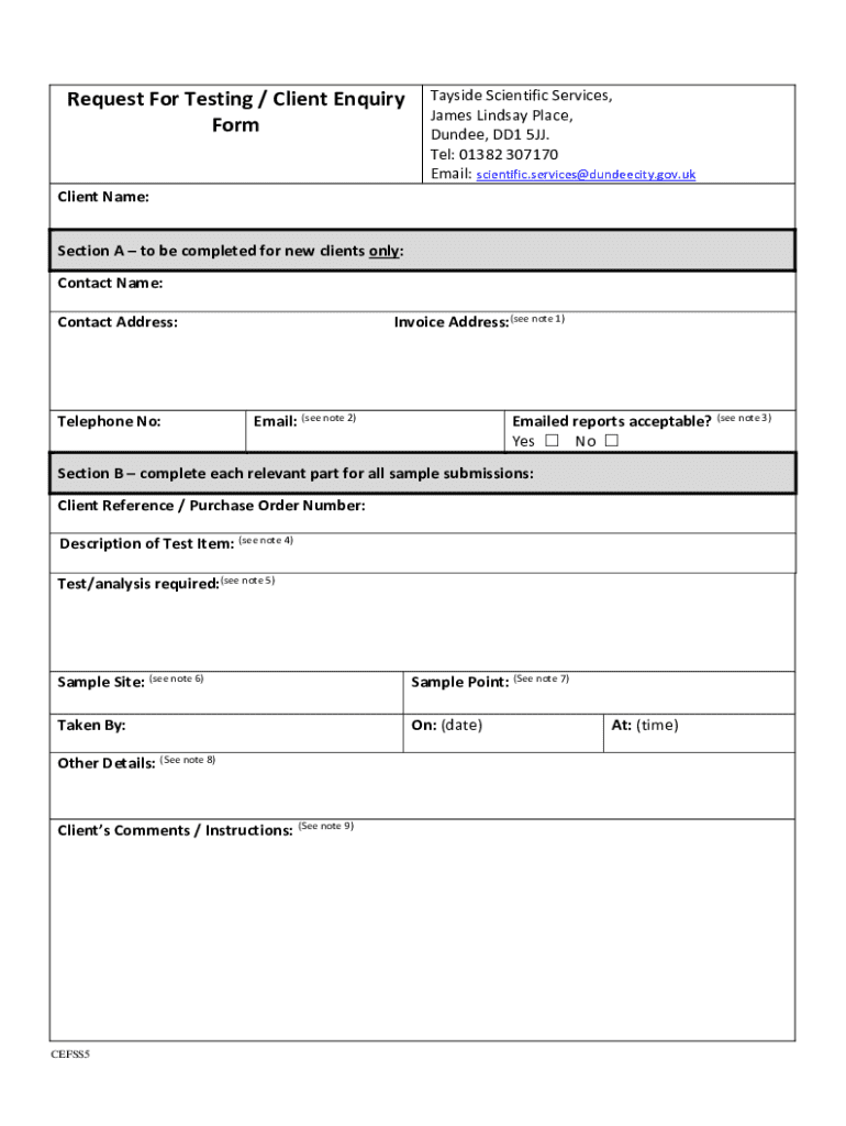 Fillable Online Request For Testing / Client Enquiry Form Fax Email ...