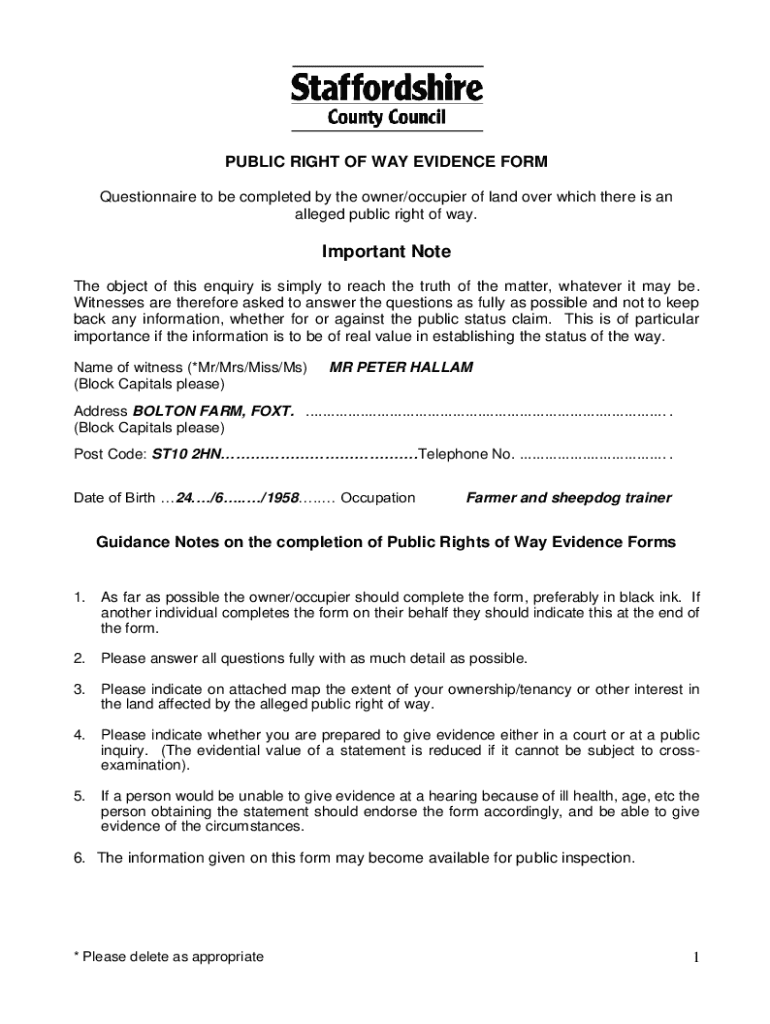 Fillable Online PUBLIC RIGHT OF WAY EVIDENCE FORM - Staffordshire ...