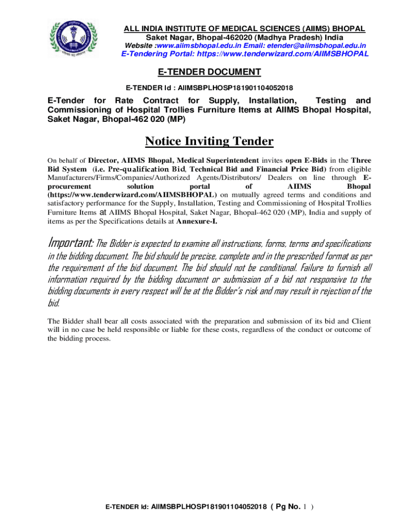 Fillable Online aiimsbhopal edu Fillable Online aiimsbhopal edu Notice Inviting E-Tender Fax ...