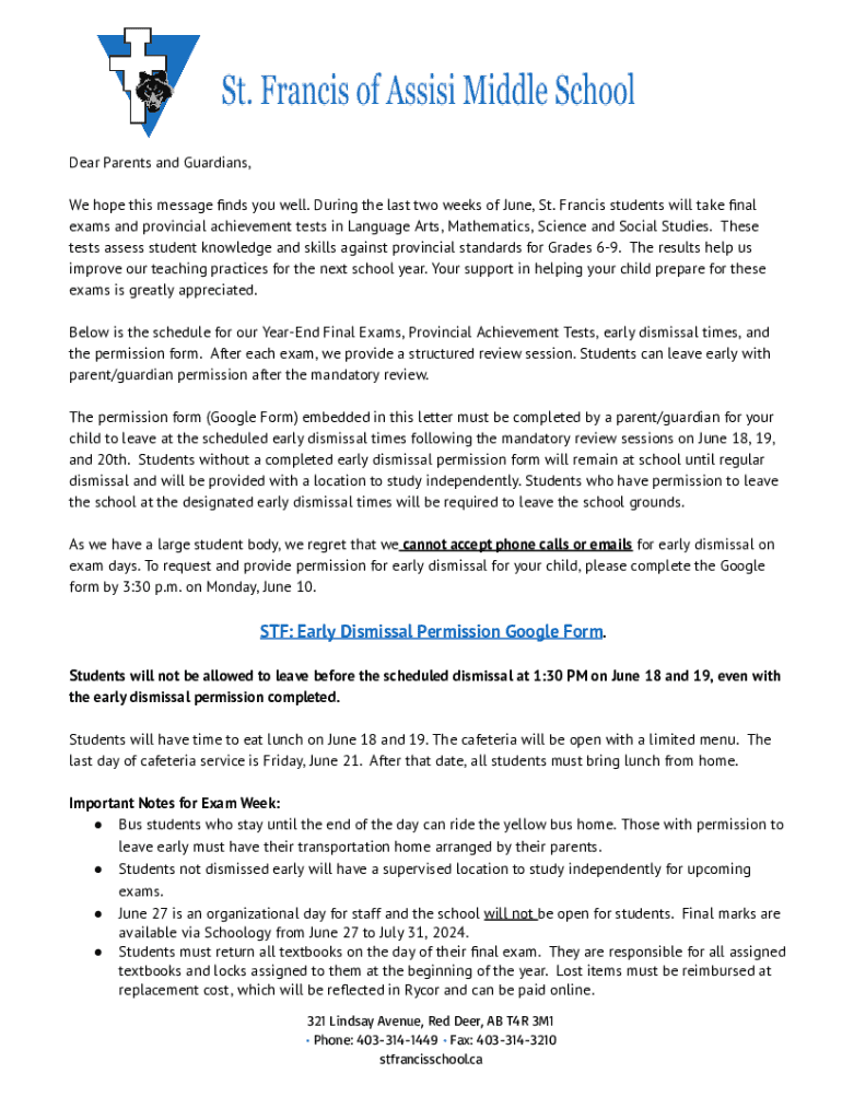 Fillable Online PAT/Final Exam Parent Information Letter & Permission ...