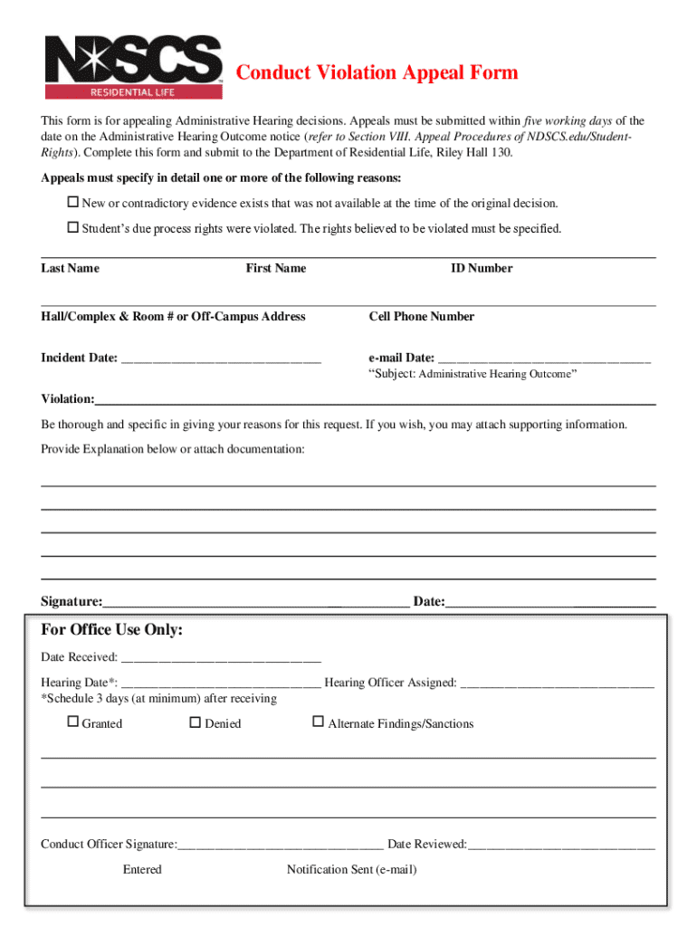 Fillable Online Conduct Violation Appeal Form Fax Email Print - pdfFiller