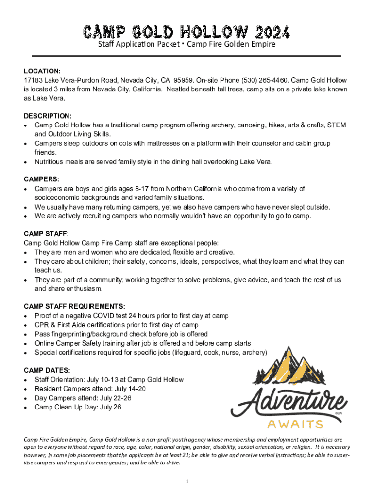 Fillable Online Camp Fire Golden Empire - Camp Gold Hollow - Day Camp ...