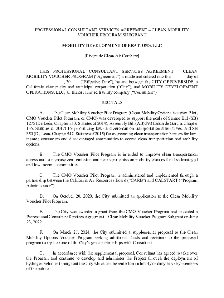 Fillable Online SAMPLE GRANT AGREEMENT Clean Mobility Voucher Pilot ...