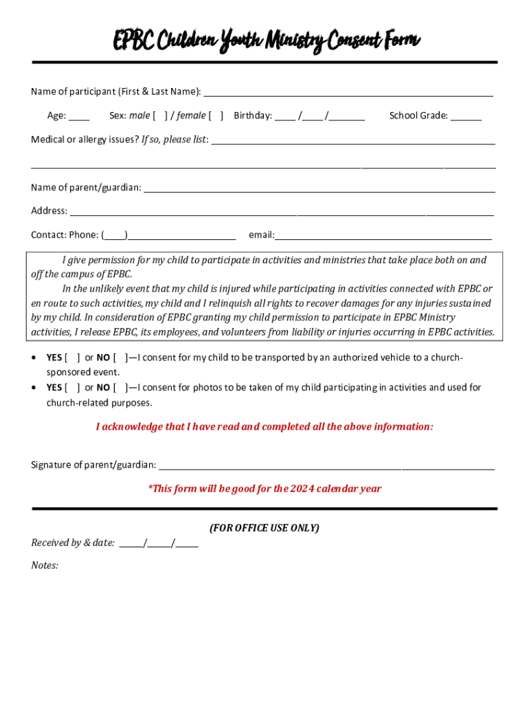 Fillable Online EPBC Children Youth Ministry Consent Form Fax Email ...