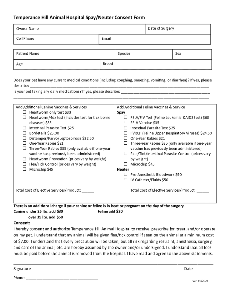 Fillable Online Temperance Hill Animal Hospital Spay/Neuter Consent ...