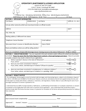 Fillable Online Operator (Bartender) License Application - July 1 to ...