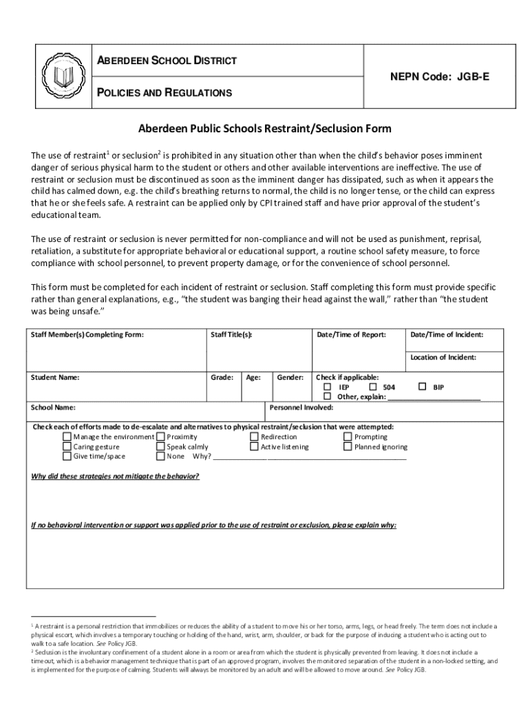 Fillable Online Aberdeen Public Schools Restraint Form Fax Email Print ...