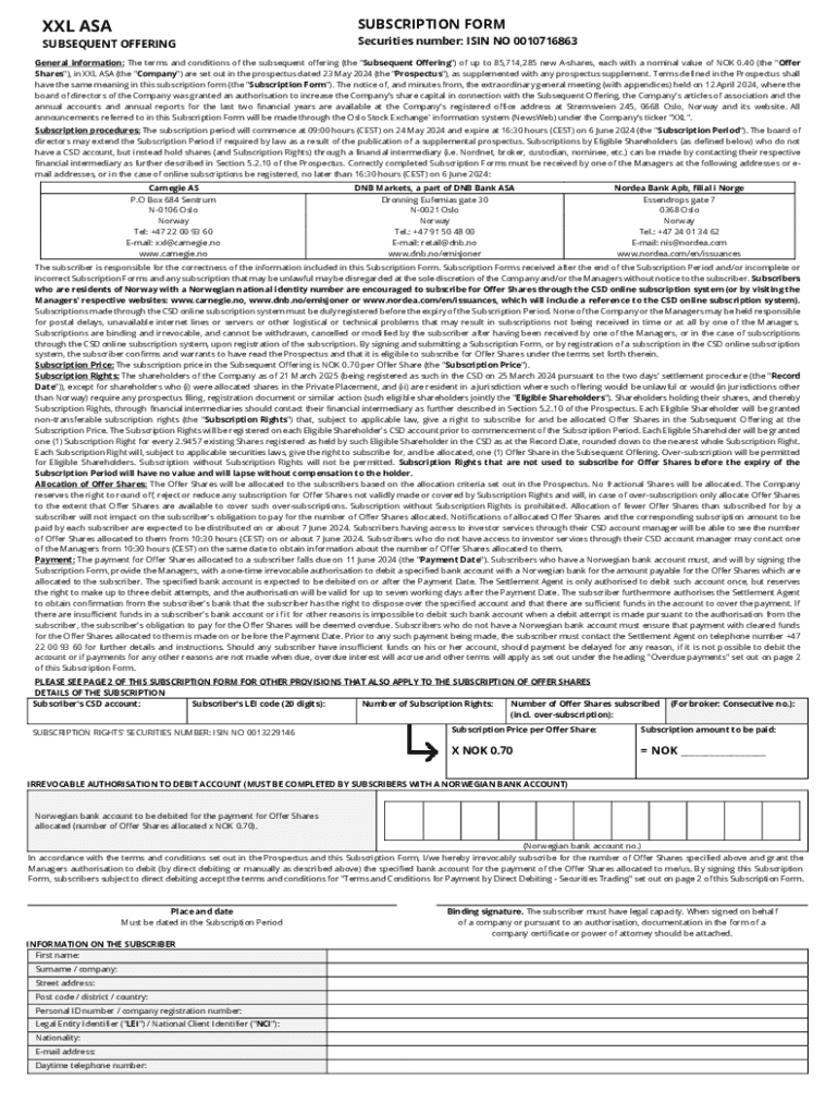 Fillable Online XXL ASA - Subscription form Fax Email Print - pdfFiller