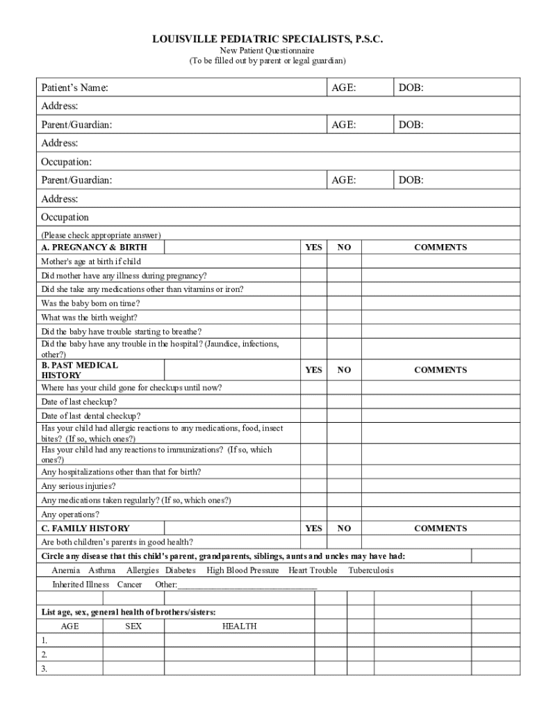 Fillable Online Patient's Name: AGE: DOB: Address: Parent/Guardian Fax Email Print - pdfFiller