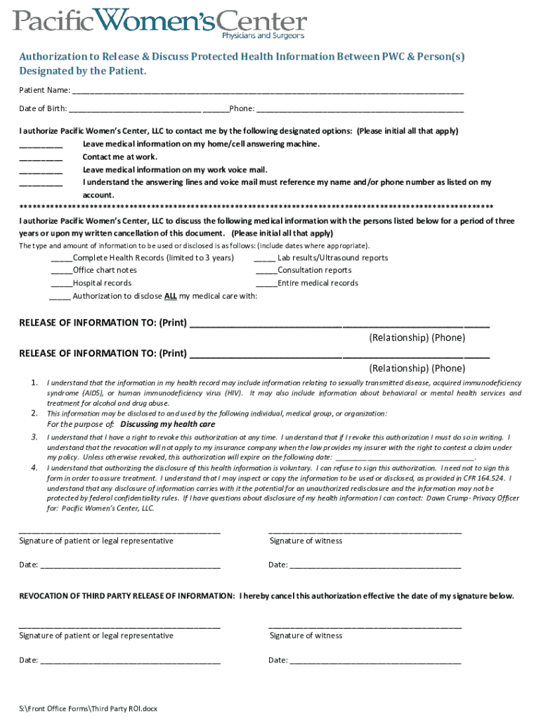 Fillable Online Patient's Authorization to Release Medical Information ...