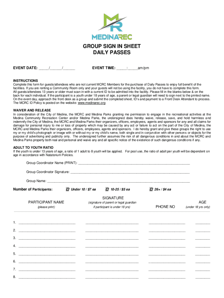Fillable Online GROUP SIGN IN SHEET DAILY PASSES Fax Email Print - pdfFiller