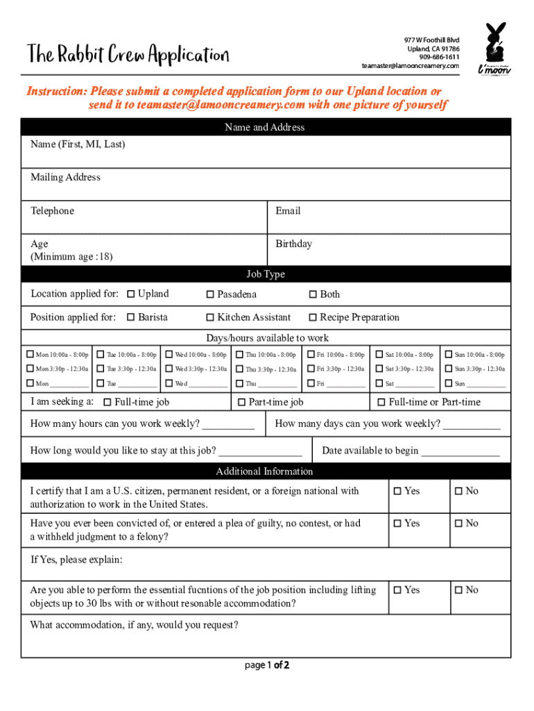 Fillable Online The Rabbit Crew Application Fax Email Print - pdfFiller