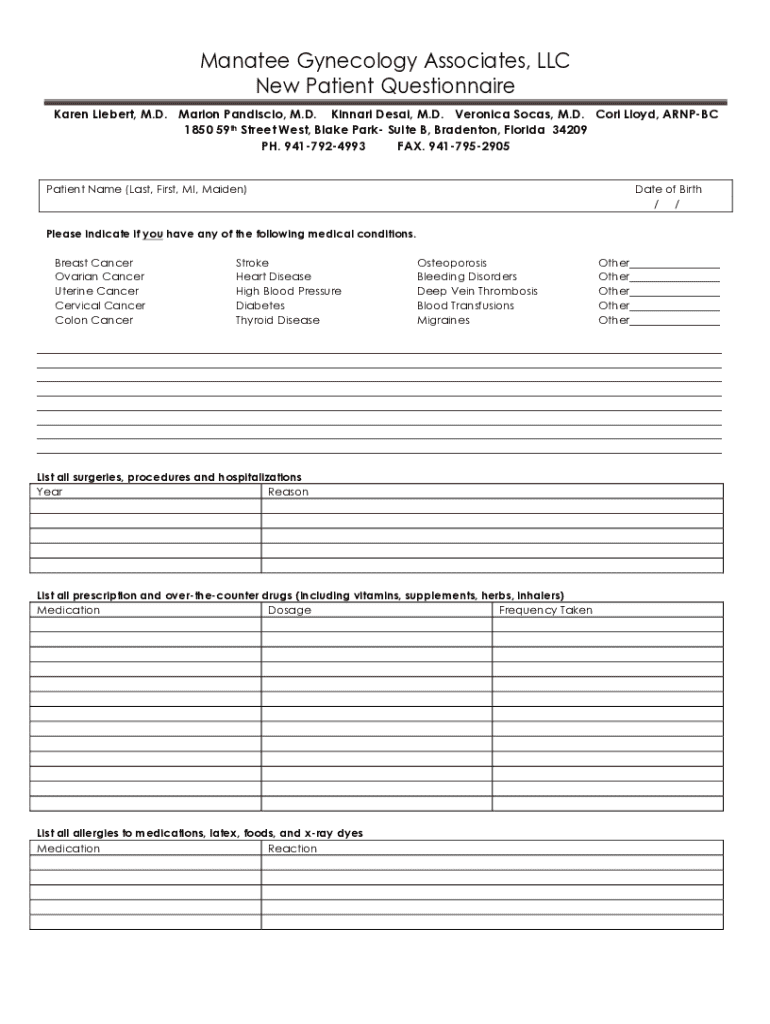 Fillable Online Manatee Gynecology History Questionnaire FINAL.docx Fax ...