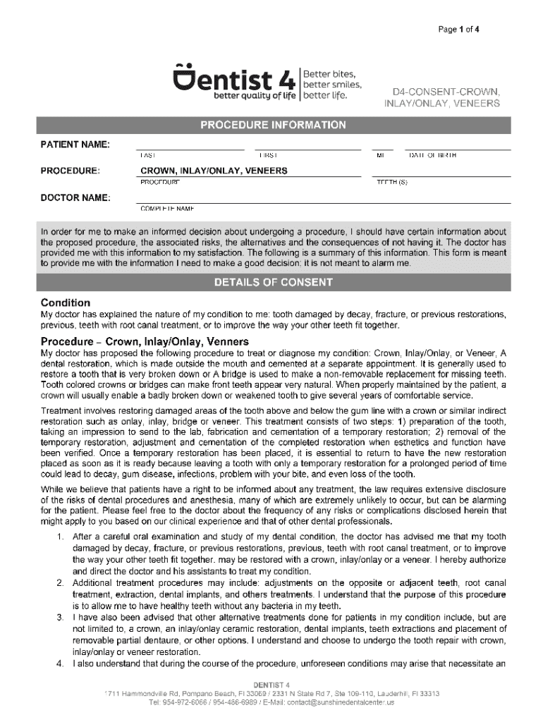 Fillable Online 08.1 D4 - CONSENT FORM - PROSTHODONTICS - CROWN, ONLAYS ...
