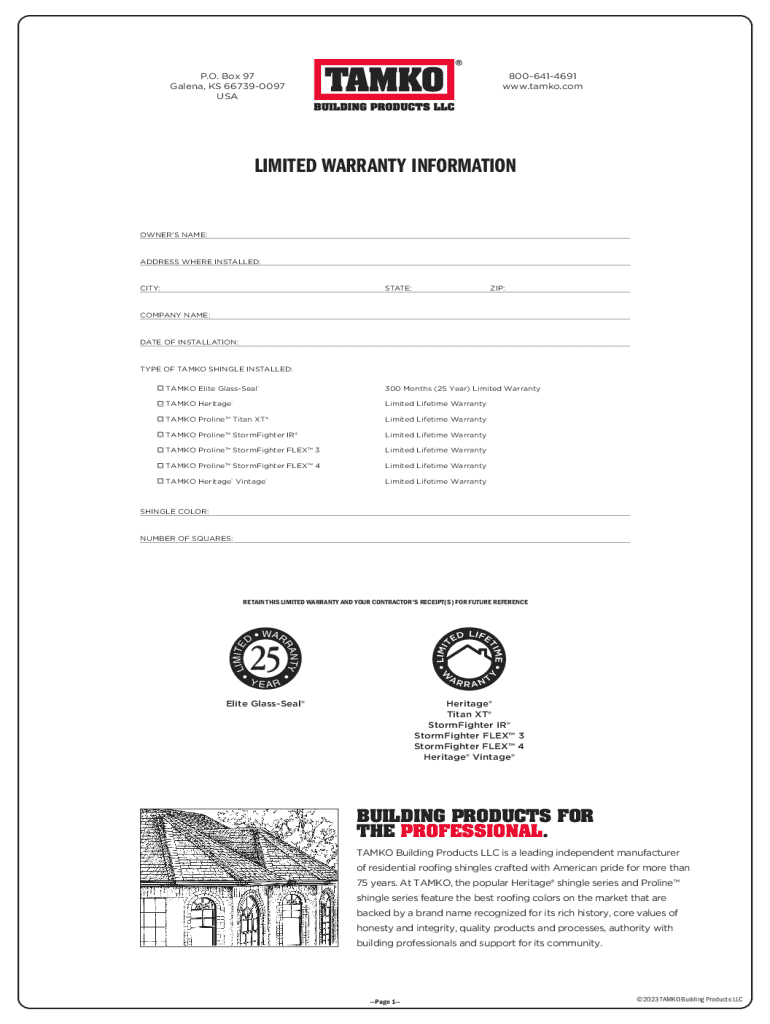 TAMKO Shingle Limited Warranty - Blank Fillable Template | Fill Out ...
