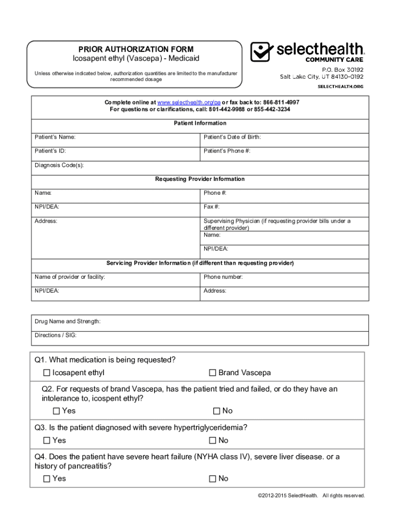 Fillable Online Vascepa (icosapent ethyl) Prior Authorization with ...