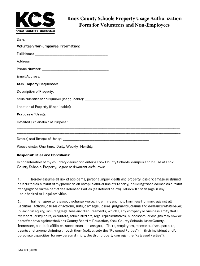 Fillable Online Knox County Schools Property Usage Authorization Form ... Fax Email Print ...