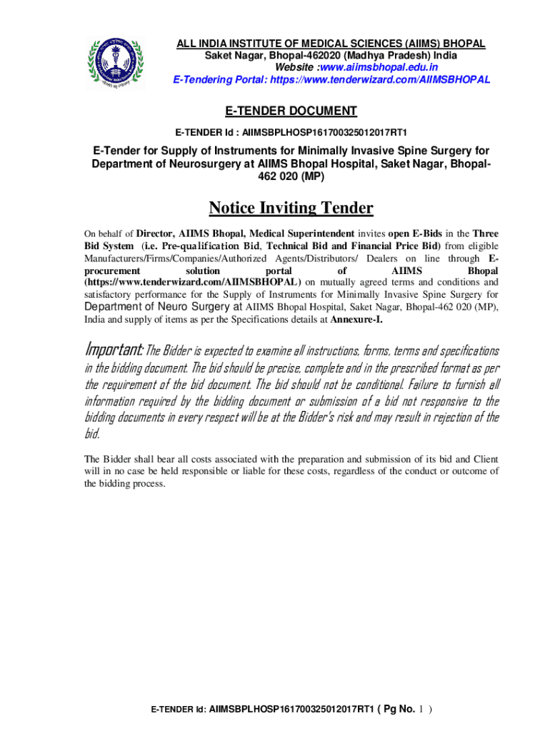 Fillable Online aiimsbhopal edu e-Tender No. FY16-17-ET003-RT1 ...