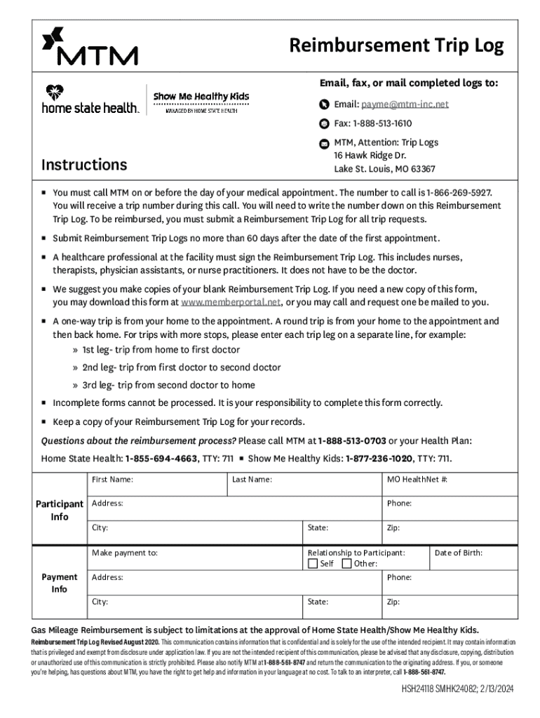 Fillable Online HSH-SMHK - Reimbursement Trip Log. Reimbursement Trip ...
