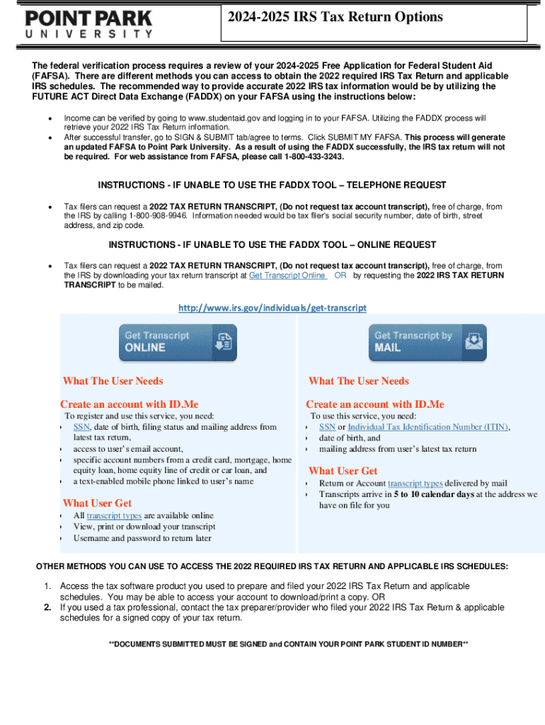 Fillable Online 2024-2025 IRS Tax Return Options Point Park University ...