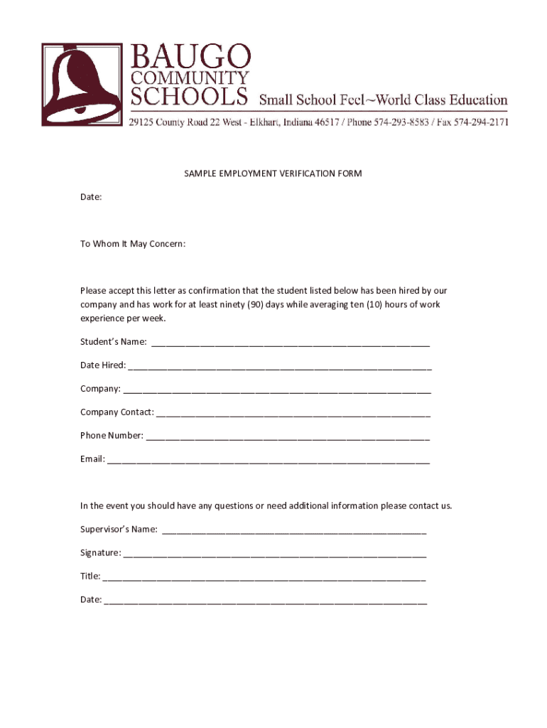 Fillable Online SAMPLE EMPLOYMENT VERIFICATION FORM Date Fax Email ...