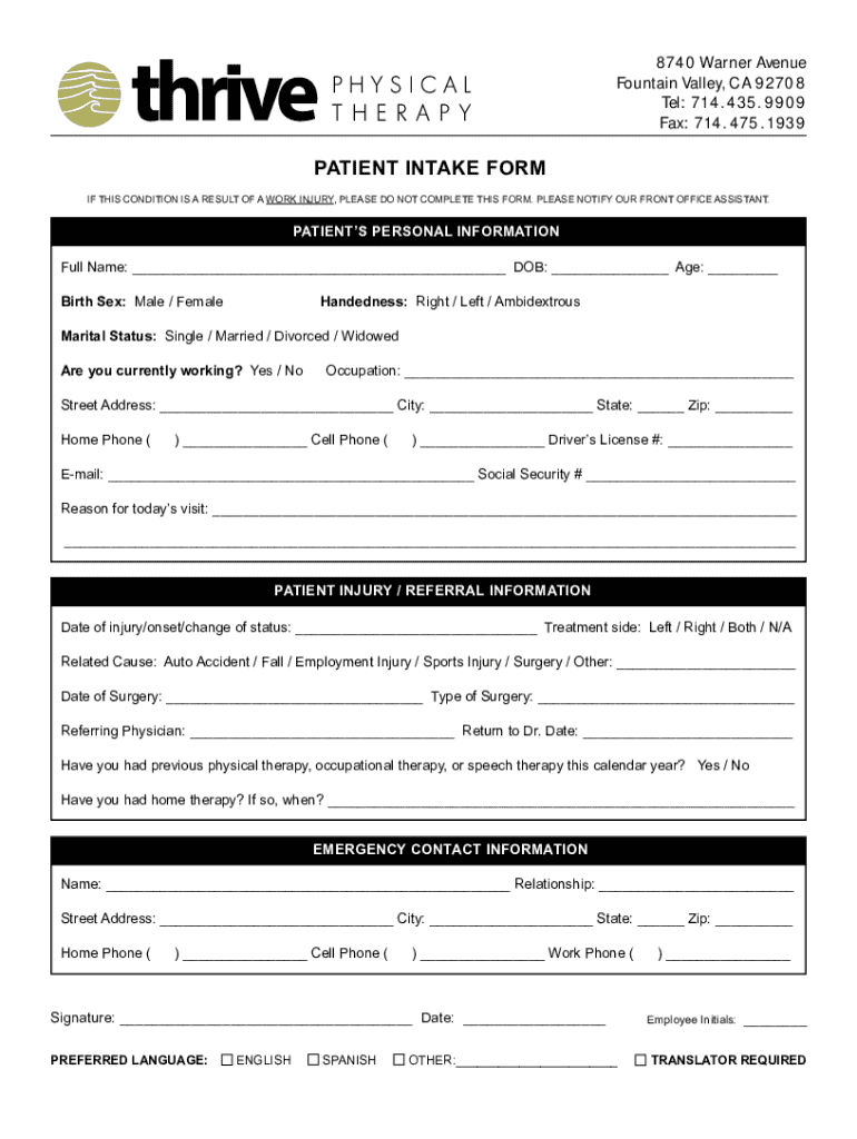 Fillable Online physical therapy - patient intake form Fax Email Print ...