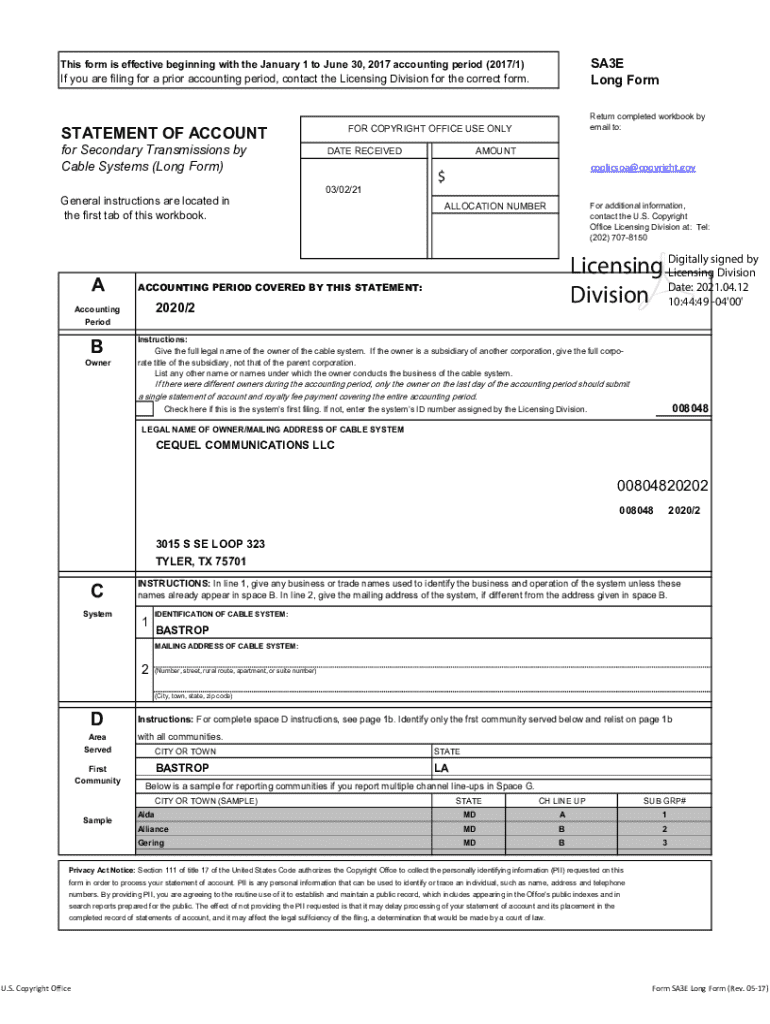 Fillable Online EXCEL FORMAT - The SA3E is a US Copyright Office Form ...