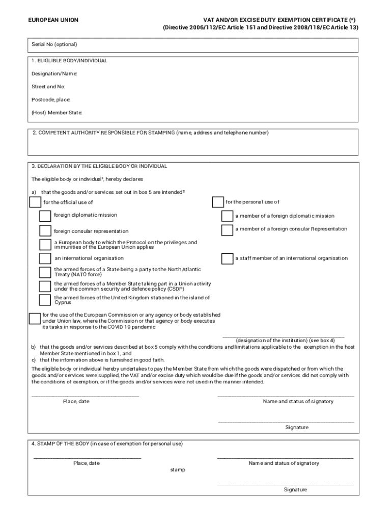 2022-2025 Form EE VAT and/or Excise Duty Exemption Certificate Fill Online, Printable, Fillable ...