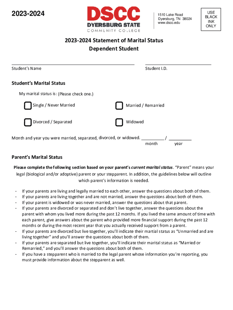 Fillable Online 2023-2024 Statement of Marital Status Dependent Student ...