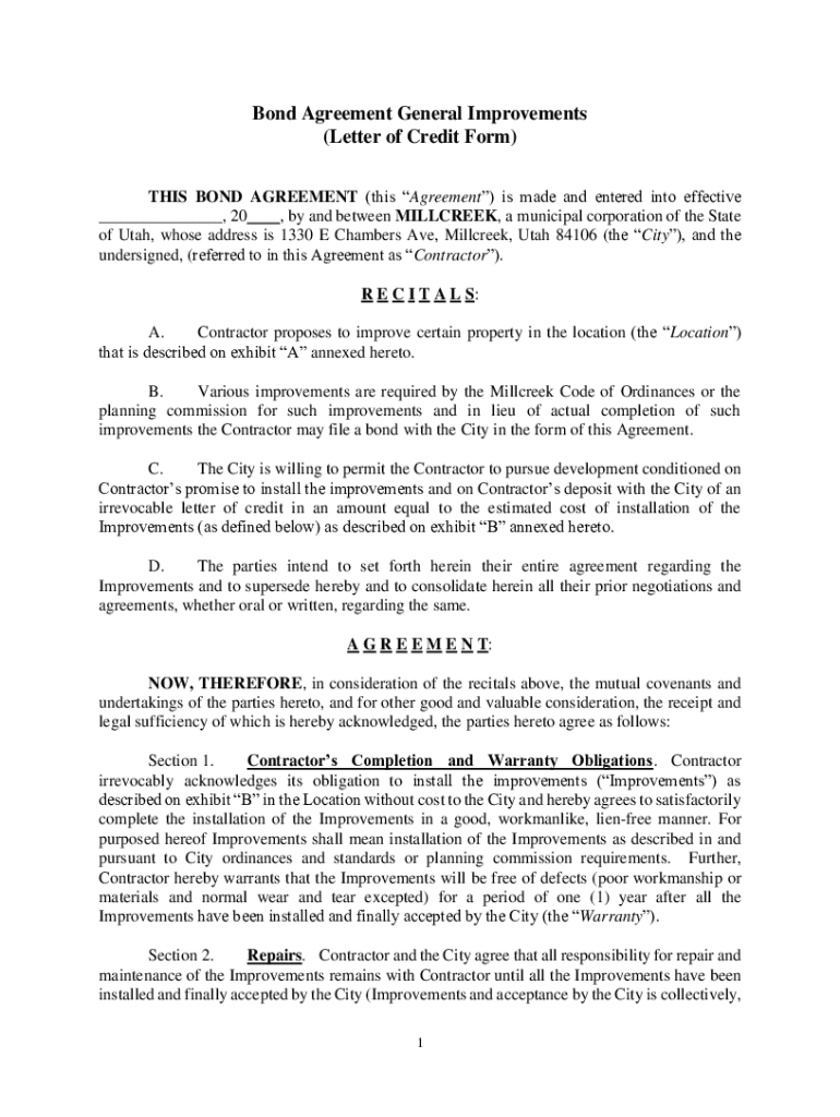 Fillable Online Bond Agreement General Improvements (Letter of Credit Form) Fax Email Print ...