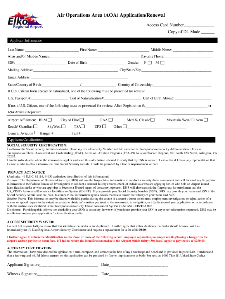 Fillable Online Air Operations Area (AOA) Application/Renewal Fax Email ...