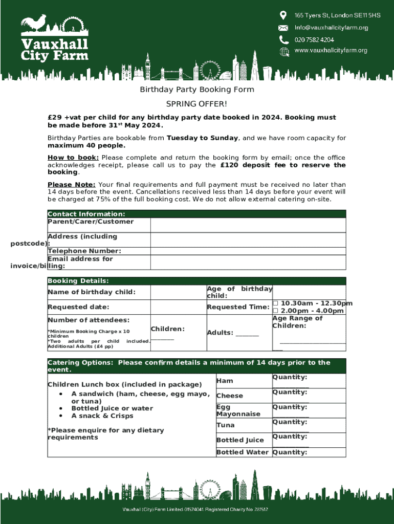 Birthday Party Booking . Doc Template | pdfFiller