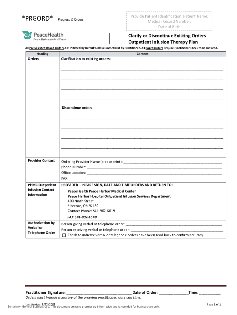 Fillable Online PHMC OP Infusion Change or Discontinue Existing Orders ...