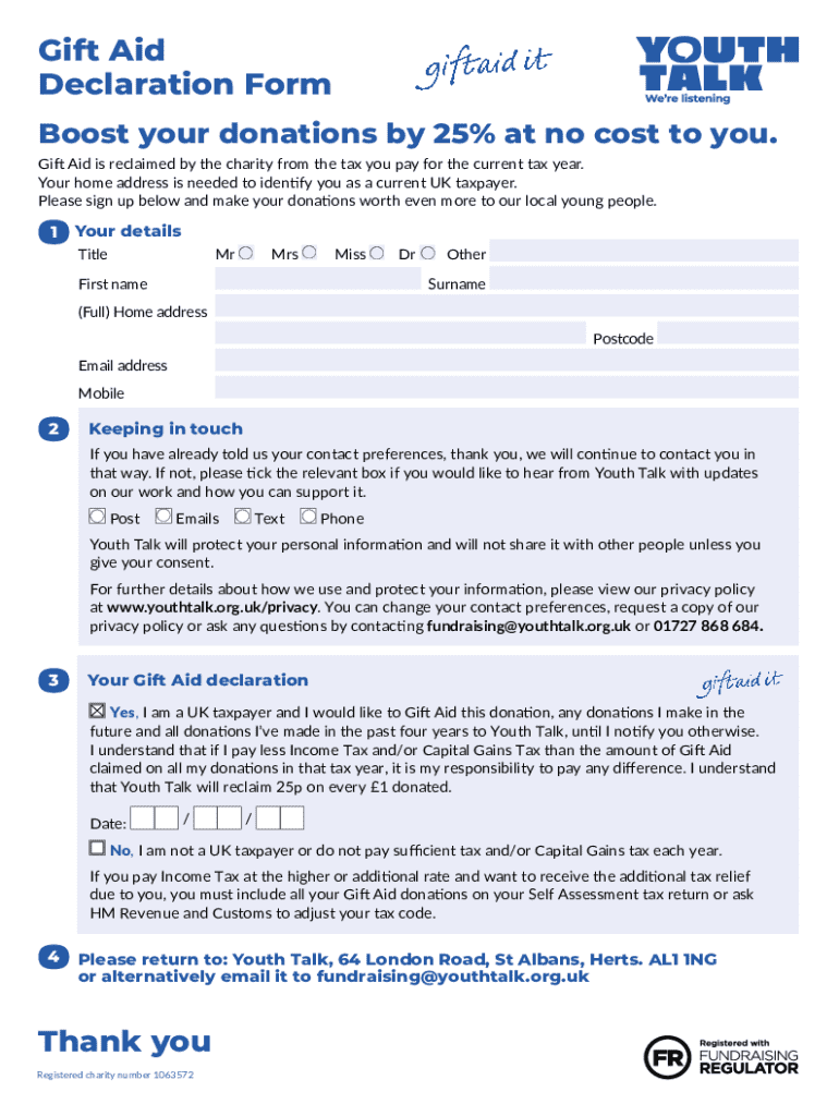 Fillable Online Gift Aid Declaration Form Thank you Fax Email Print - pdfFiller