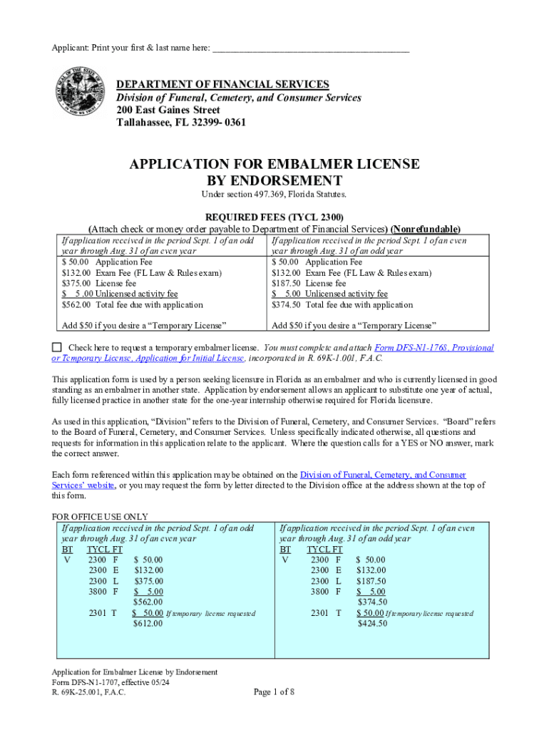 Fillable Online Application for Embalmer License by Endorsement Fax ...