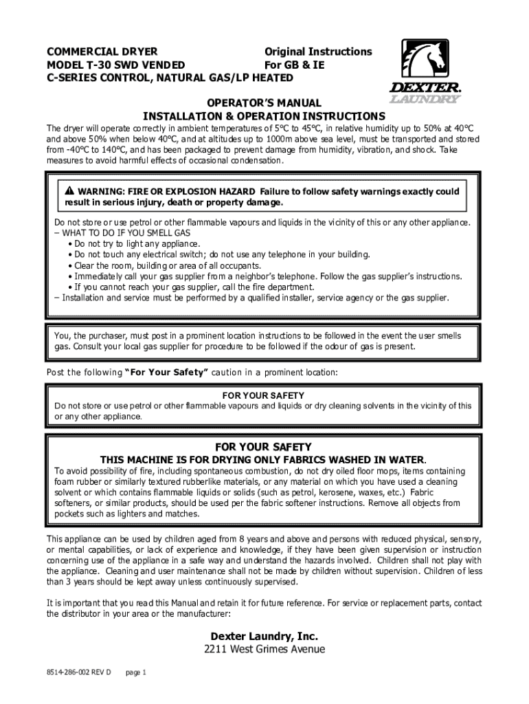 Fillable Online COMMERCIAL DRYER Original Instructions MODEL T-30 ...