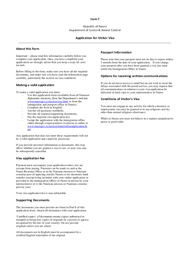 Fillable Online Application for Visitor Visa About this form Making a ...