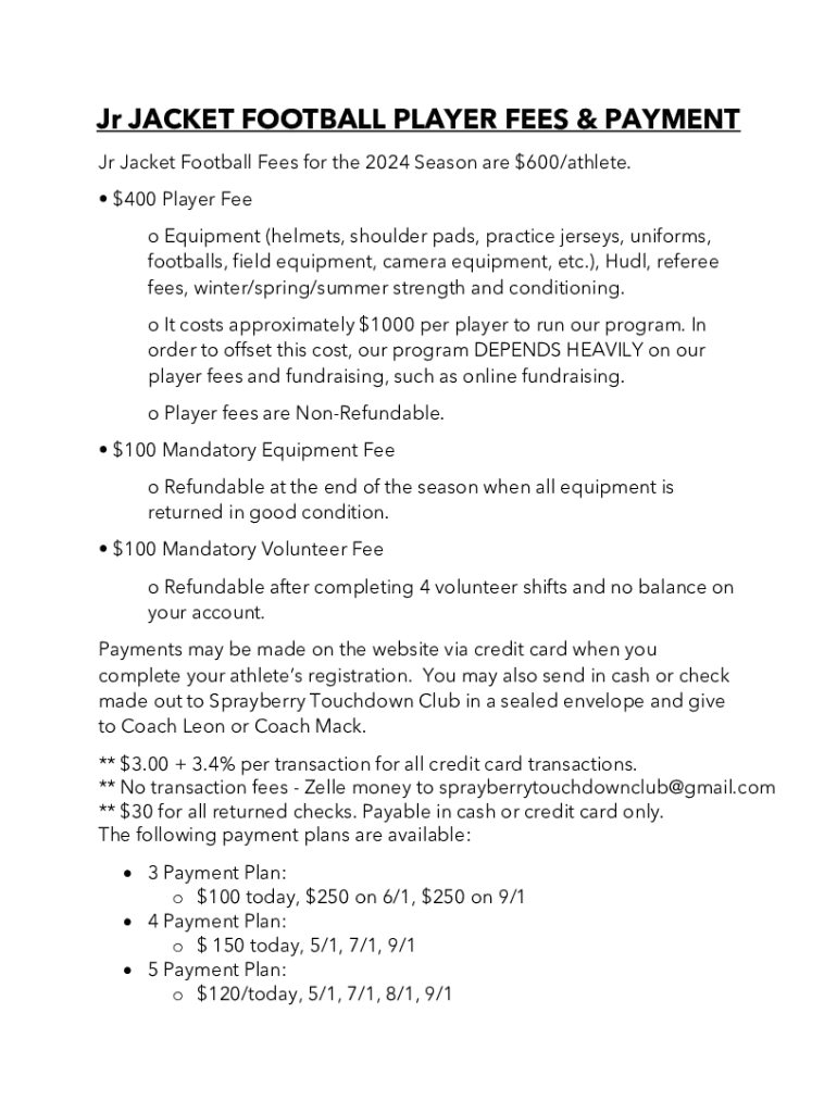 Fillable Online Jr JACKET FOOTBALL PLAYER FEES & PAYMENT Fax Email ...