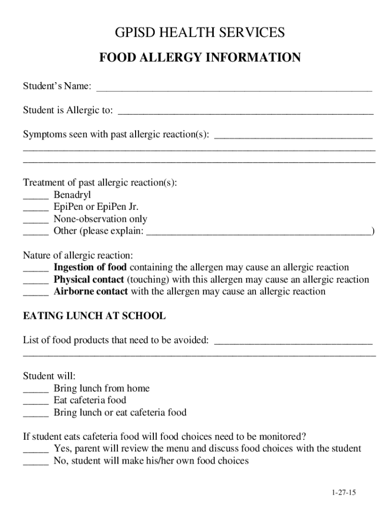 Fillable Online Grand Prairie ISD FOOD ALLERGY EMERGENCY ACTION ... Fax ...