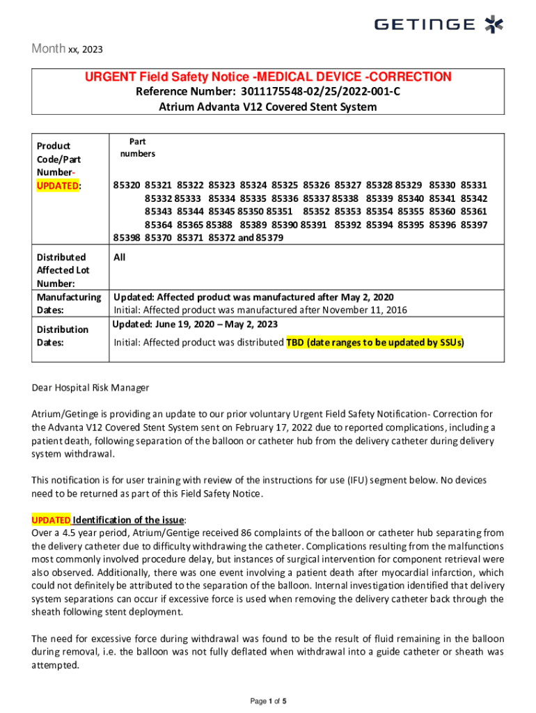 Fillable Online URGENT Field Safety Notice -MEDICAL DEVICE -CORRECTION ...