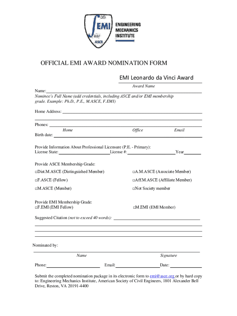 Fillable Online Official EMI Leonardo da Vinci Award Nomination Form ...