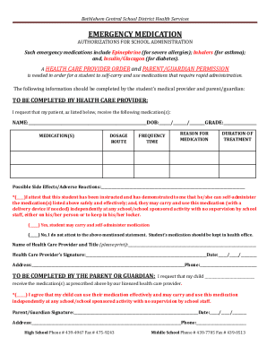 Fillable Online Emergency Medication Form for Secondary Students June ...