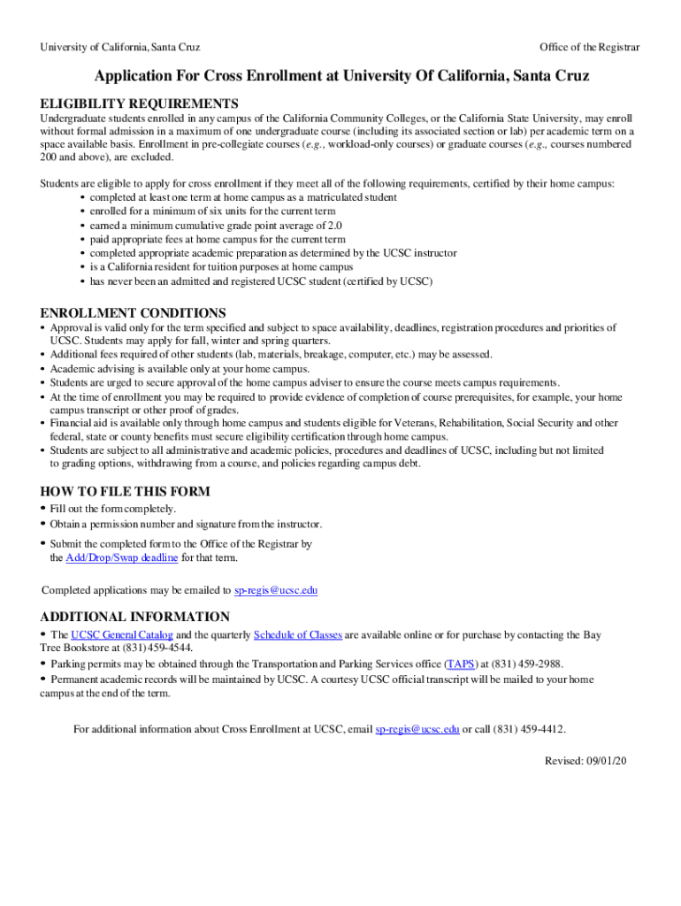 Fillable Online Application For Cross Enrollment At University Of ...