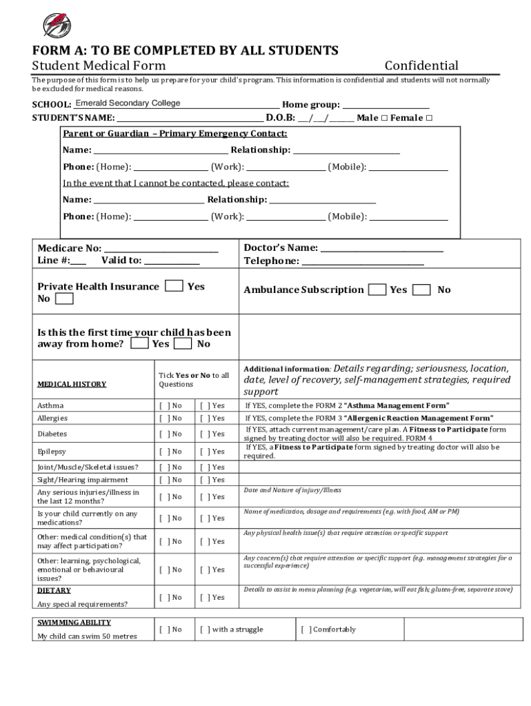 Fillable Online FORM A: TO BE COMPLETED BY ALL STUDENTS ... Fax Email ...