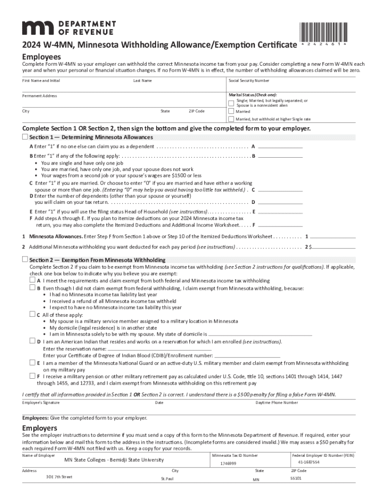 Fillable Online 2024 W-4MN, Minnesota Withholding Allowance/Exemption ...