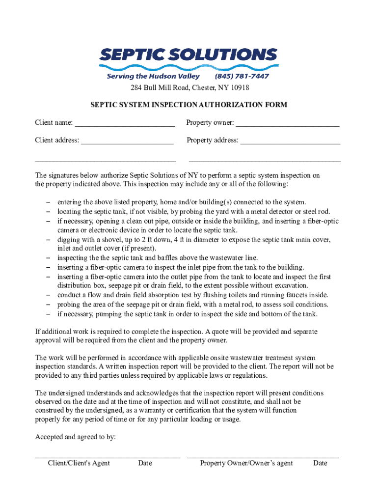 Fillable Online septic system inspection authorization form Fax Email ...