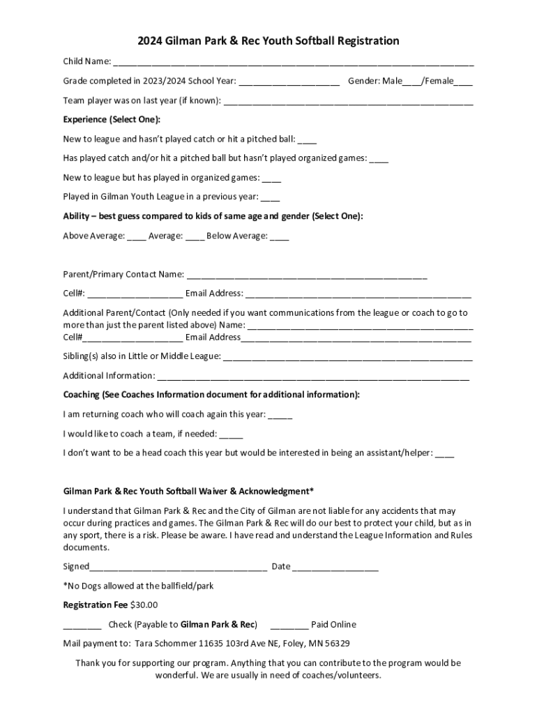 Fillable Online 2024 Summer Girl's Youth Softball Team Registration ...