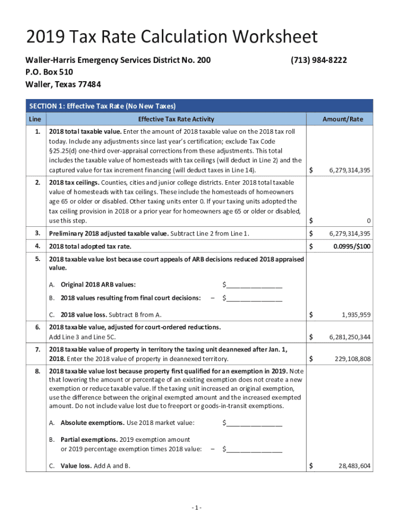 Fillable Online 2021 Tax Rate Calculation Worksheet - Waller County ...