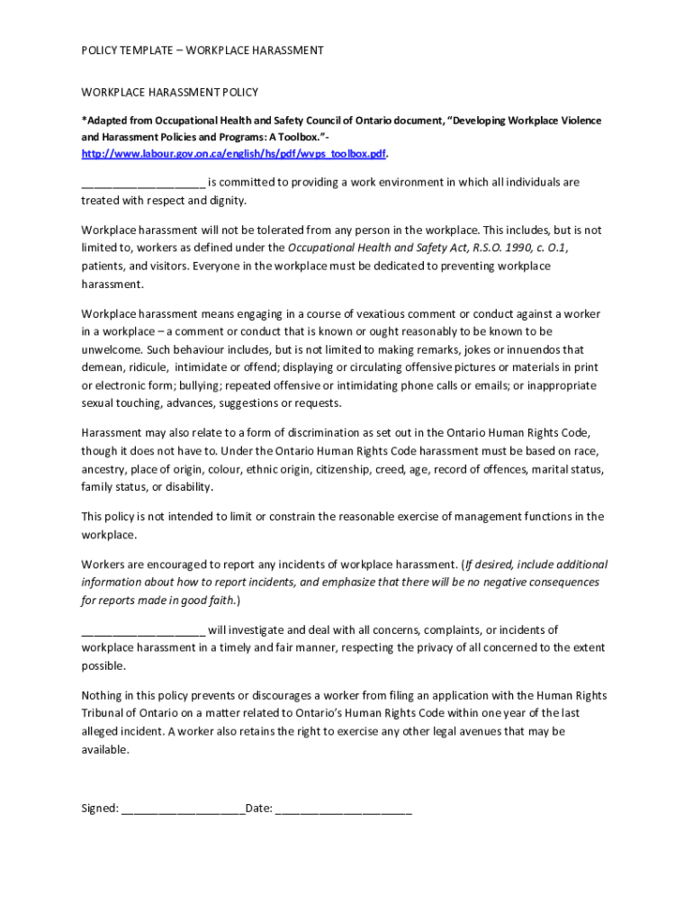 Fillable Online Workplace Violence and Harassment Policy Template Fax ...